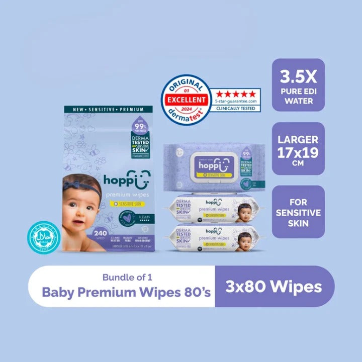Hoppi 99% Premium Water Baby Wipes - 80 sheets - 3 in 1 Bundle Pack